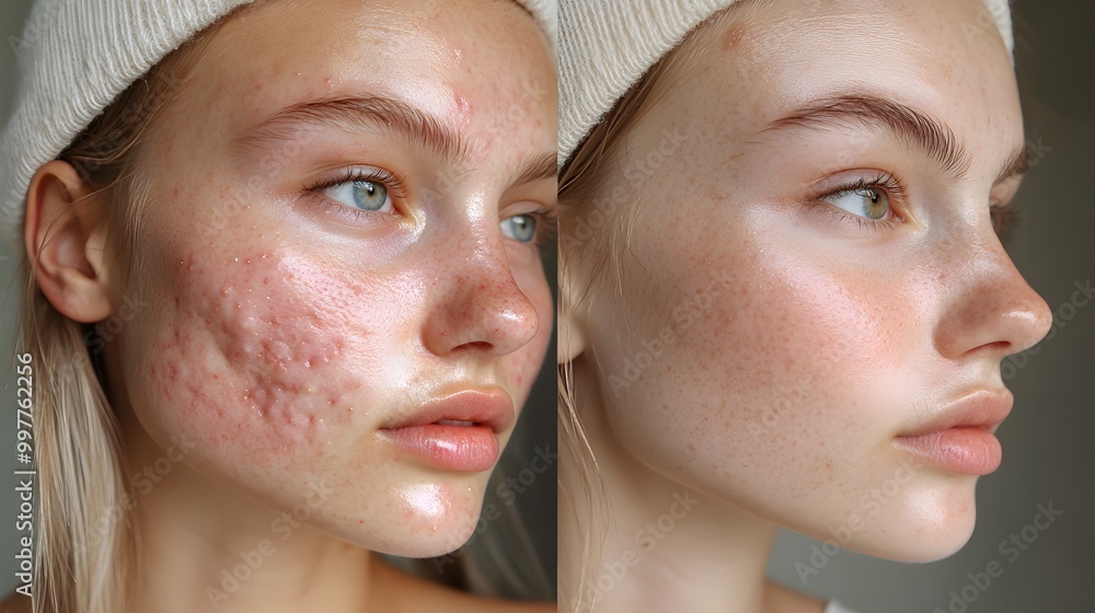 Before-and-after acne healing Active pustules turning into flat healing ...