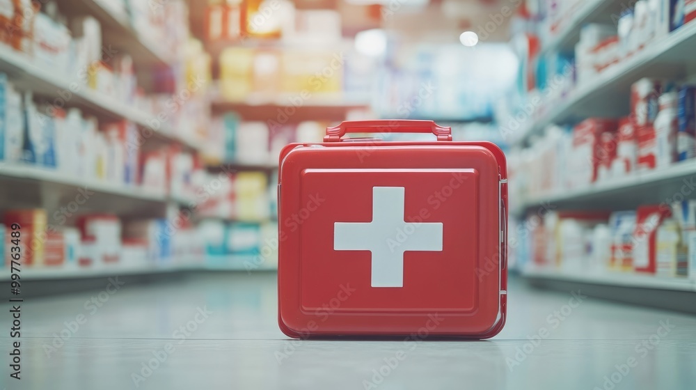 First-Aid Kit on Pharmacy Floor. Red Box with White Cross and Blurred ...