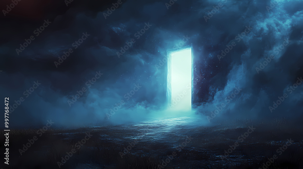Mystical gateway between heaven and hell, light shining from an open ...