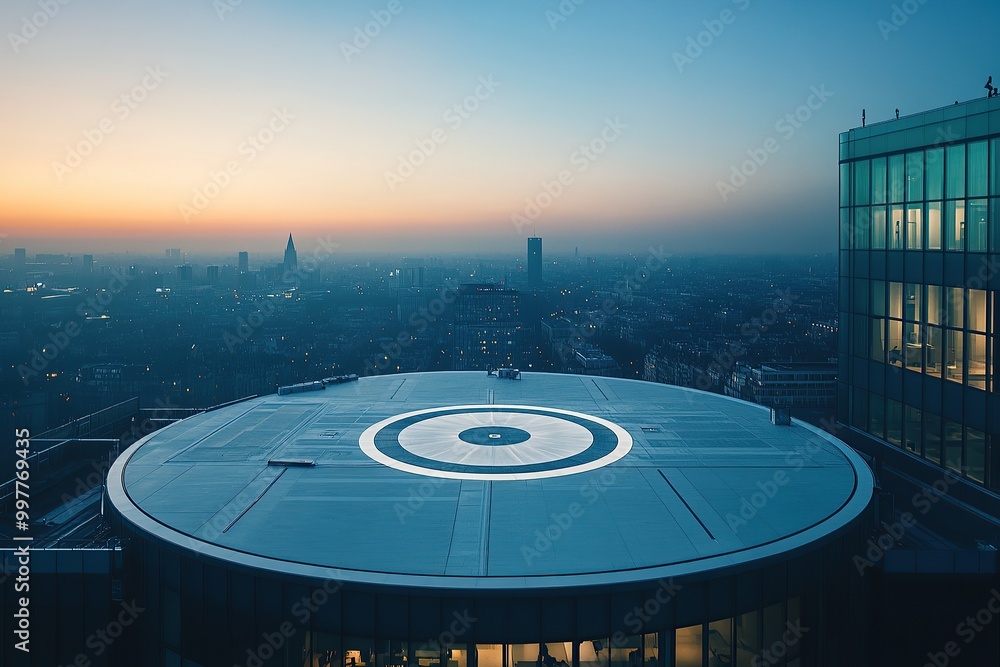 The circular helipad on the roof of an office building is surrounded by ...