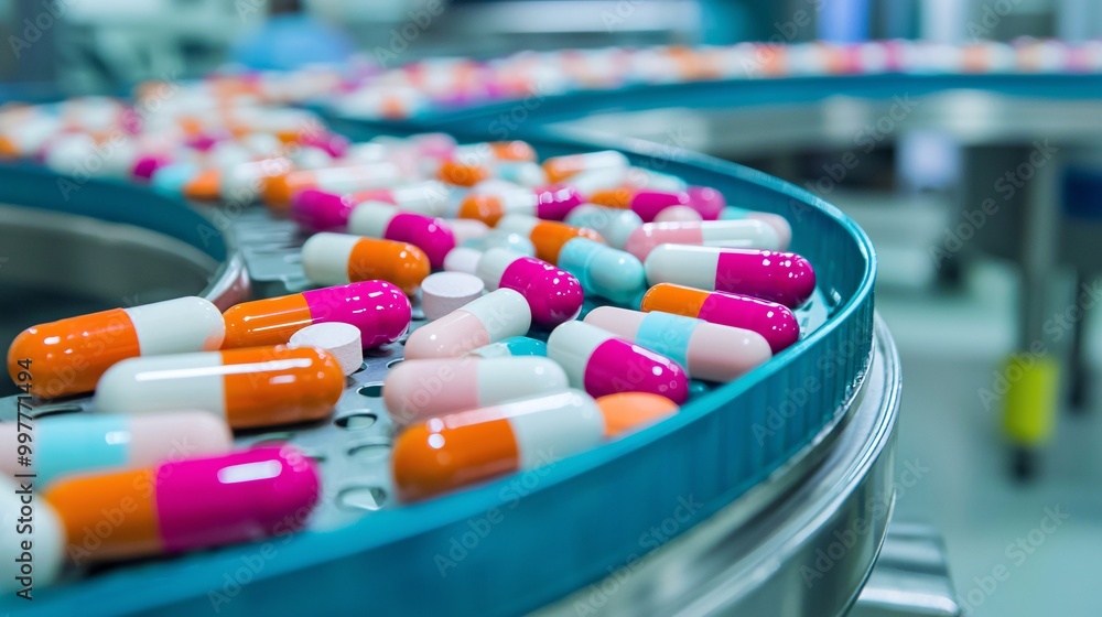Capsules of various colors moving along a conveyor belt in a ...