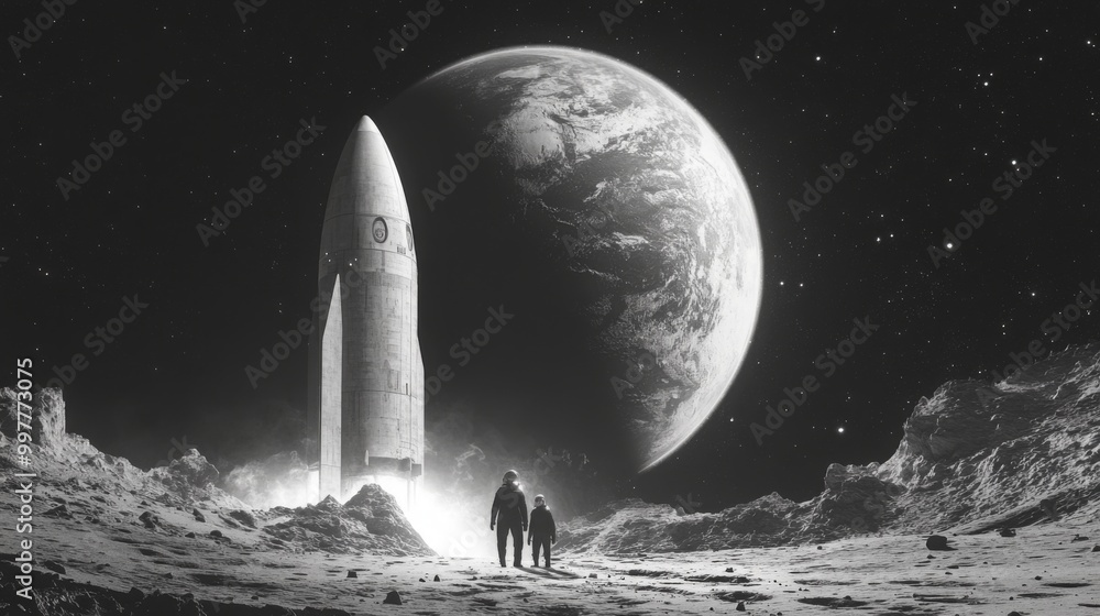 Two astronauts, wearing spacesuits, stand on the surface of the moon ...