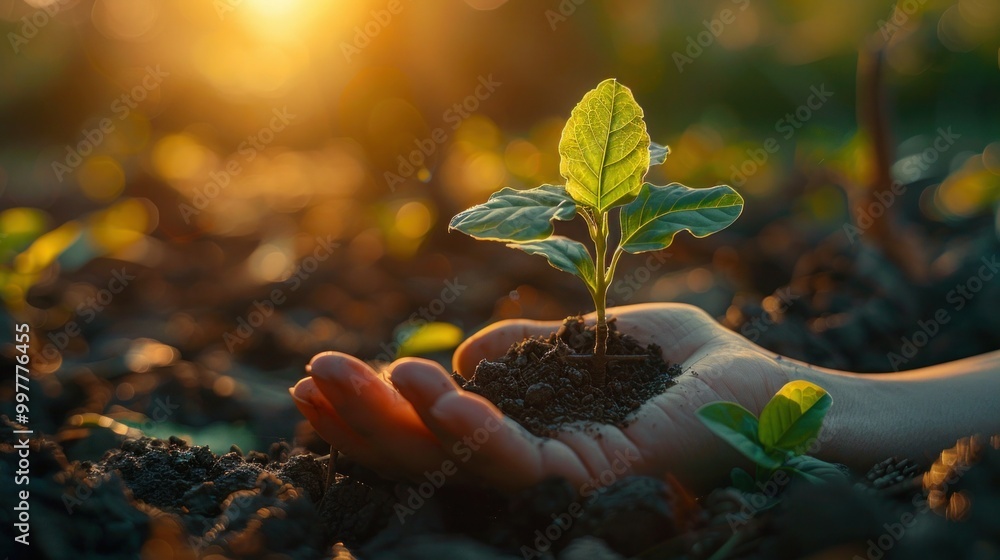 Growing eco-friendly tree on volunteer's hand for sustainable ...