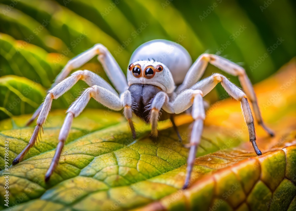 A detailed depiction of a white tail spider resting on a leaf ...