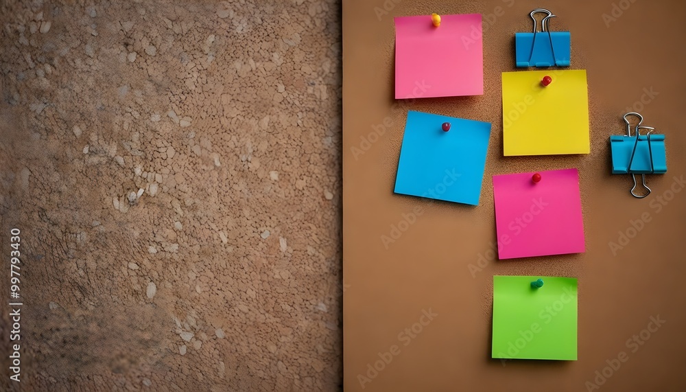Vibrant arrangement of sticky notes on a cork board creating a dynamic ...