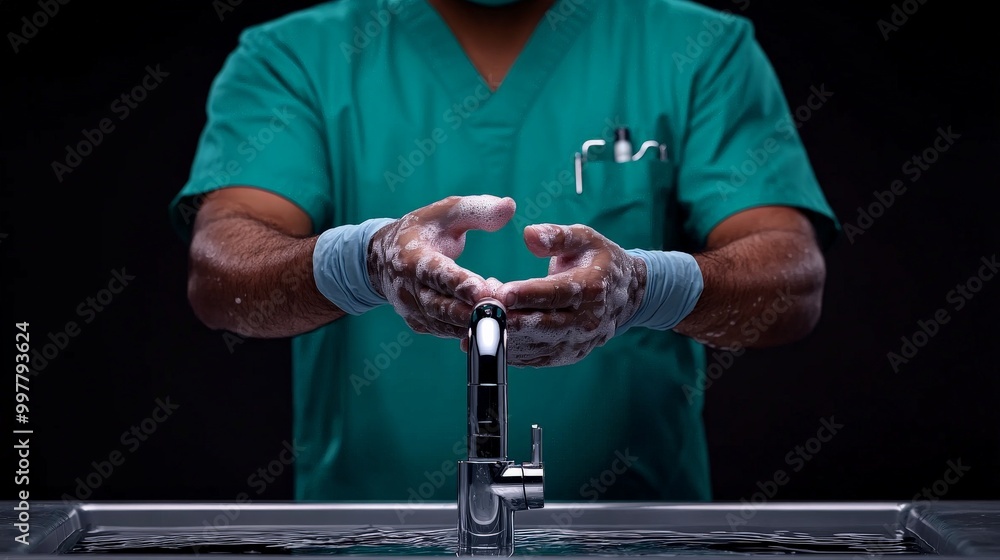 Doctor's Scrubs: A close-up of a doctor's hands, washing meticulously ...