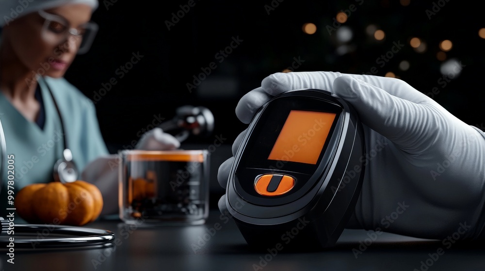 Pulse Oximeter Reading: A gloved hand holds a pulse oximeter, a medical ...