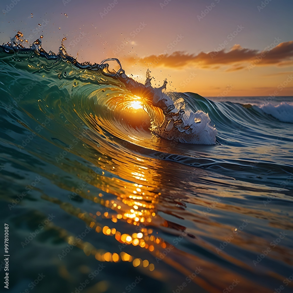 beach scene with seagrass at sunset, as perfectly formed glassy barrel ...