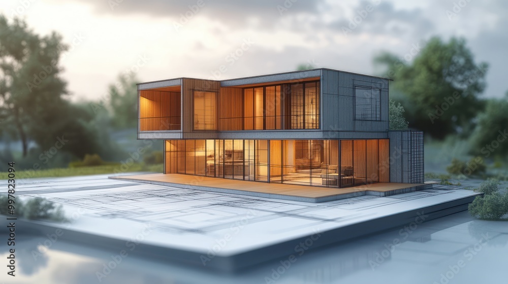 vision of architecture of a 3d model house project with blueprint ...
