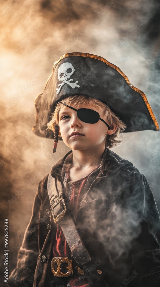 Full body shot of a young Caucasian boy in a pirate costume, wearing an ...