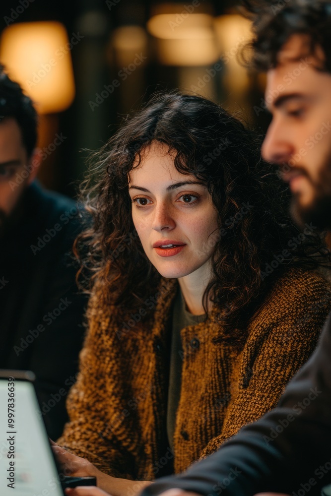 A team huddled around a laptop, reviewing their project together and ...