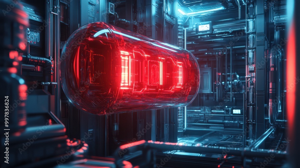 Generative AI illustration of futuristic red capsule with illuminated ...