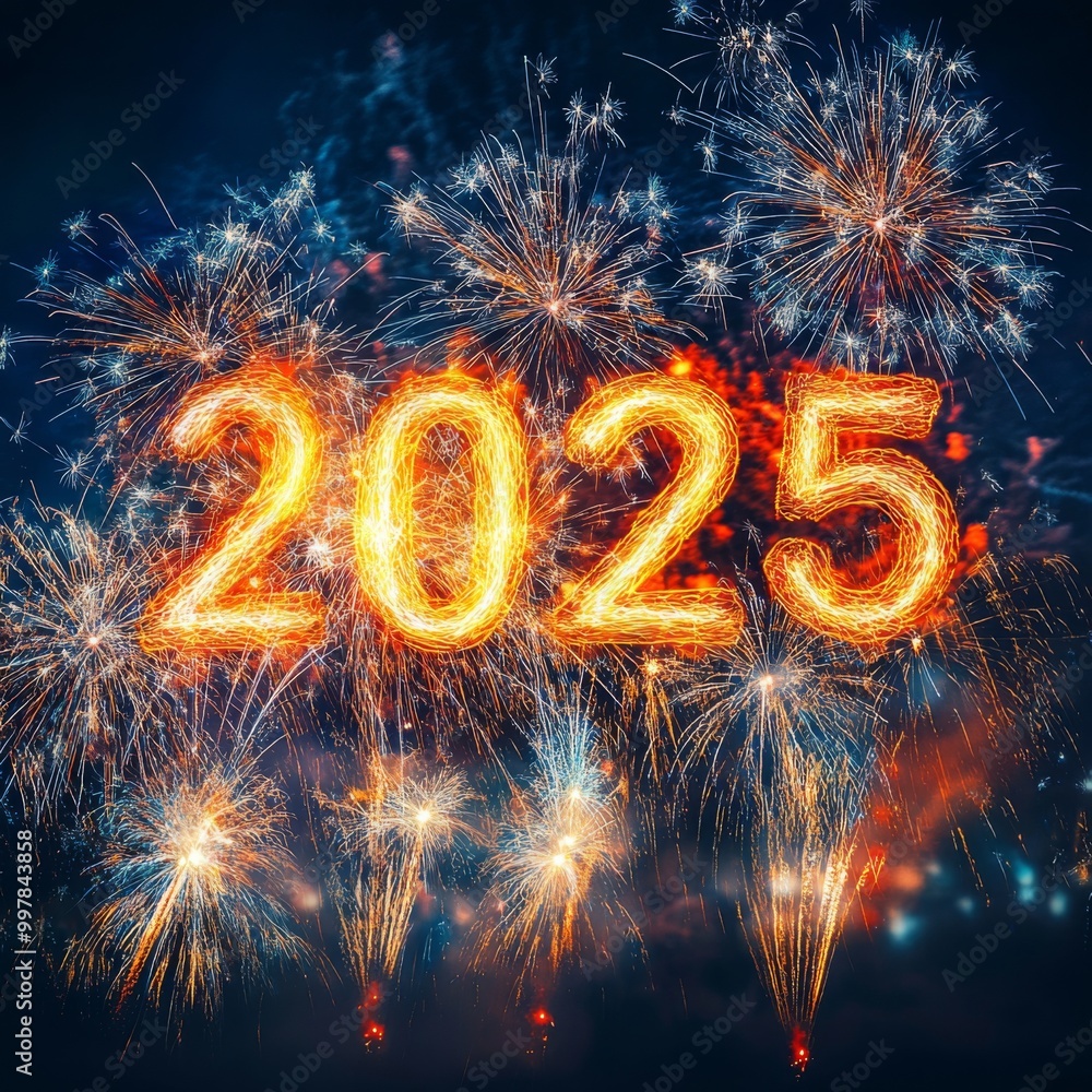 Photograph fireworks exploding night sky numbers "2025" are Display ...