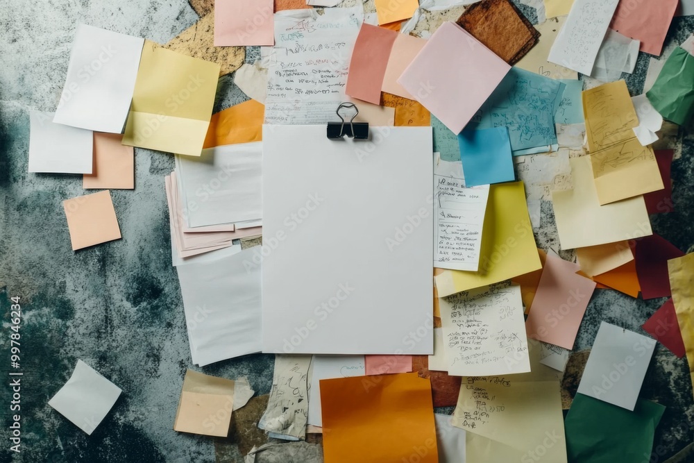 Wall covered various pieces paper sticky notes is Blank flyer mockup ...