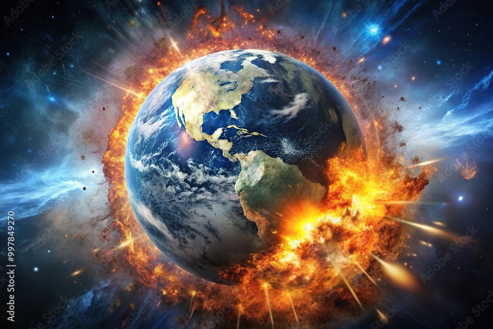 Explosion of planet earth in wide-angle view suitable for dynamic or ...