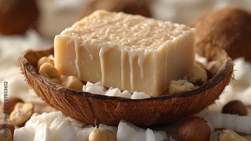 A smooth coconut milk and shea butter soap bar, placed on a coconut ...