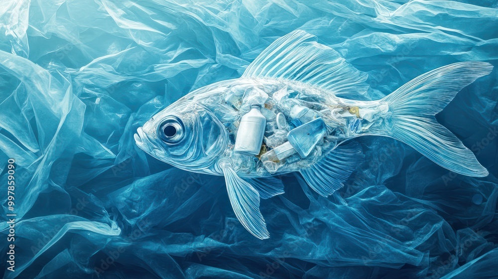 transparent fish with plastic waste inside body and on ground in blue ...