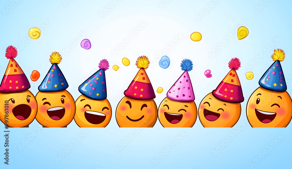Cute party emoji characters with colorful party hats and confetti on a ...