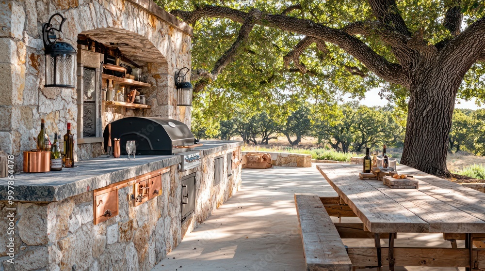 A rustic stone outdoor kitchen with a built-in BBQ, copper fixtures ...