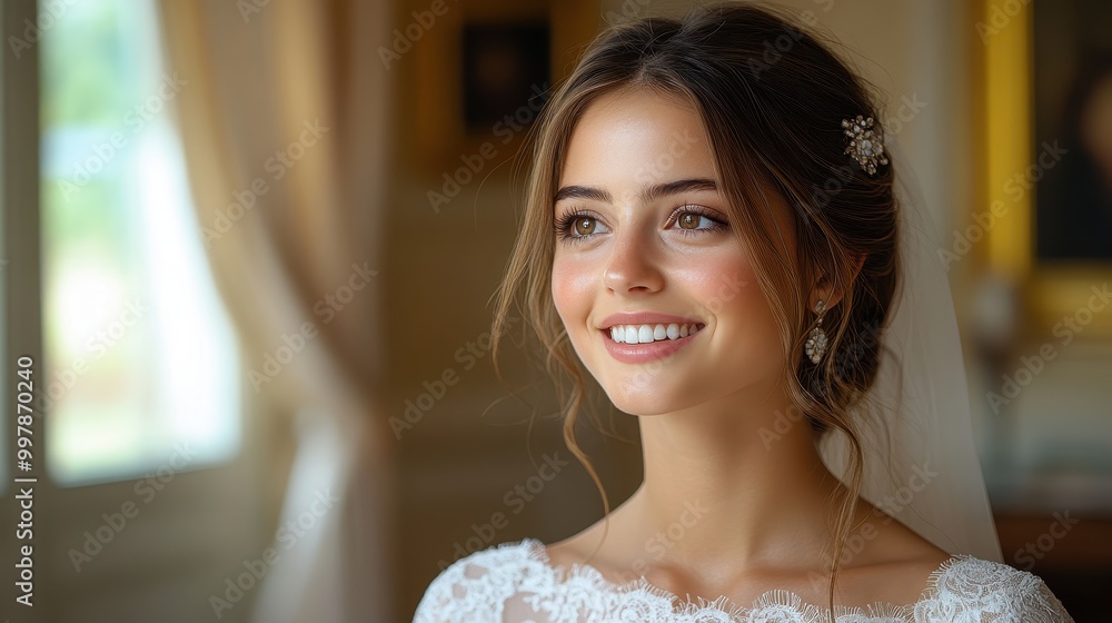 Beautiful young bride smiling by the window in vintage wedding room ...