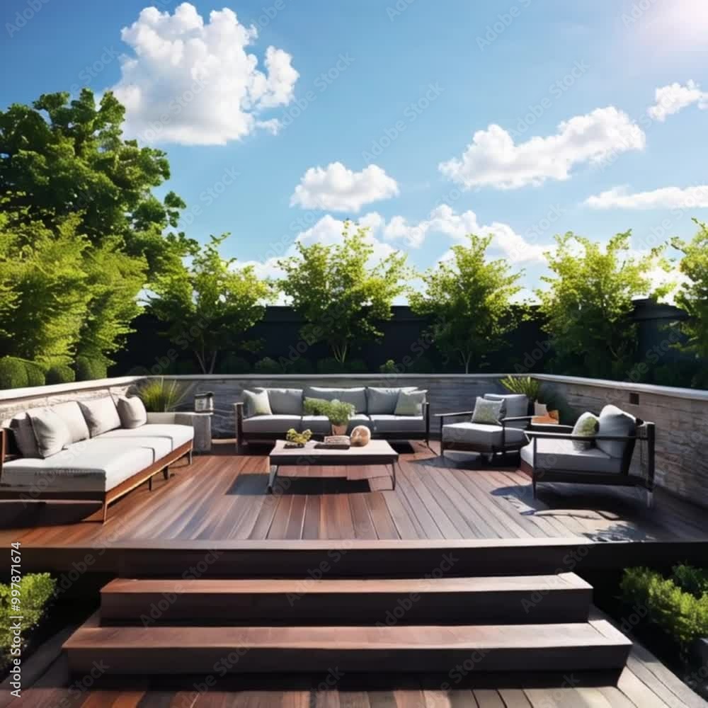 A serene outdoor patio scene featuring a sleek modern deck construction ...