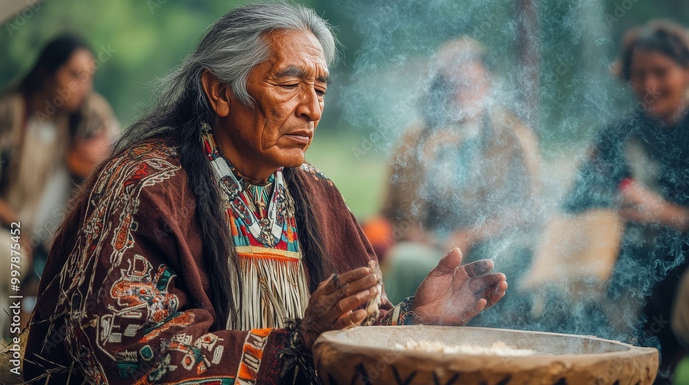 Elder playing traditional drum in ceremonial setting, symbolizing ...