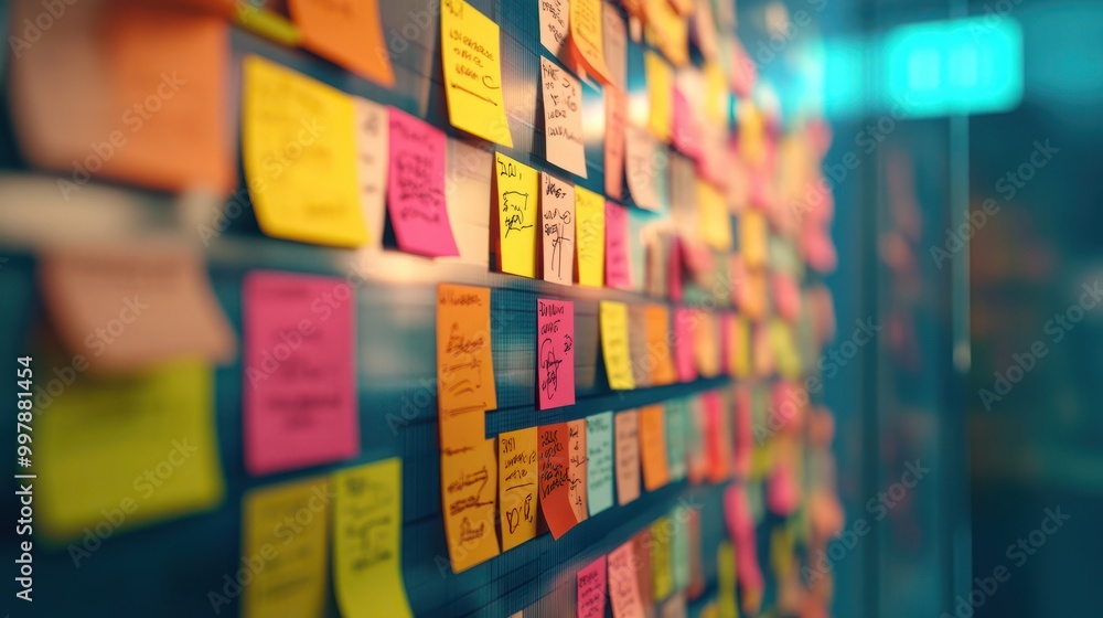 Agile software scrum board with tasks written on sticky notes, Agile ...