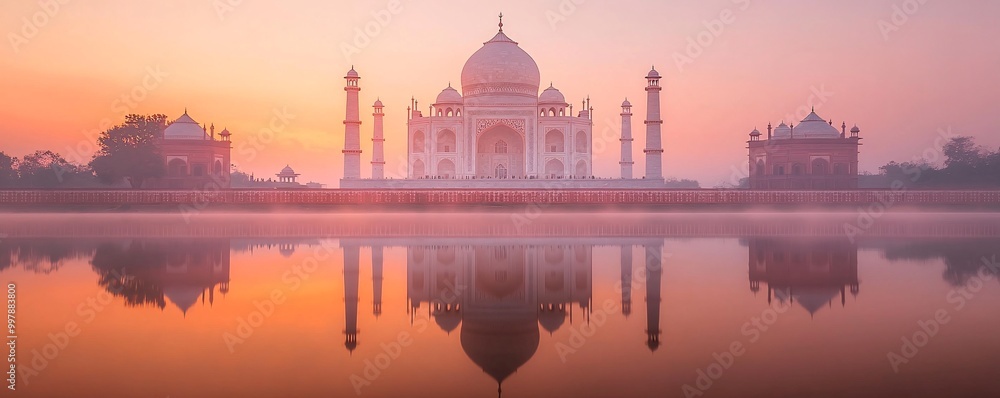 Taj Mahal at Sunrise – A breathtaking view of the Taj Mahal glowing in ...