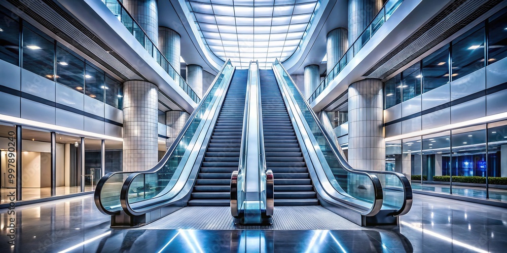 Eye level view of a modern futuristic building and escalator Stock ...