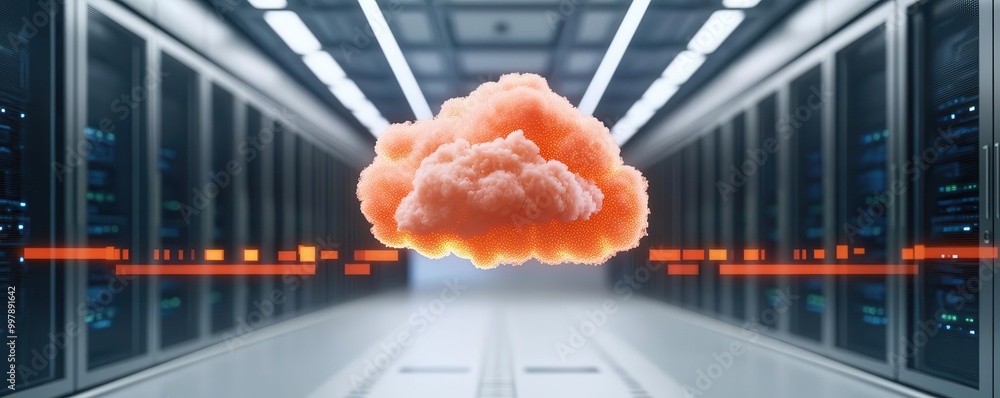 A digital cloud floats in a futuristic server room, highlighting the ...