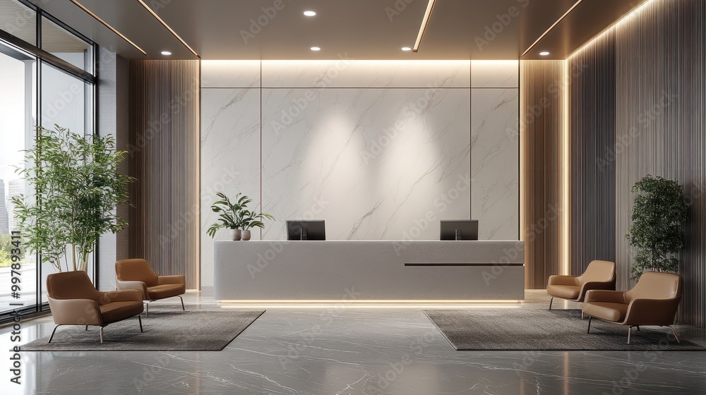 Business office lobby with minimalist decor and reception desk ...
