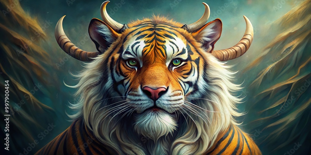 Fantasy painting of dragon-like Bengal tiger with horns and beard ...