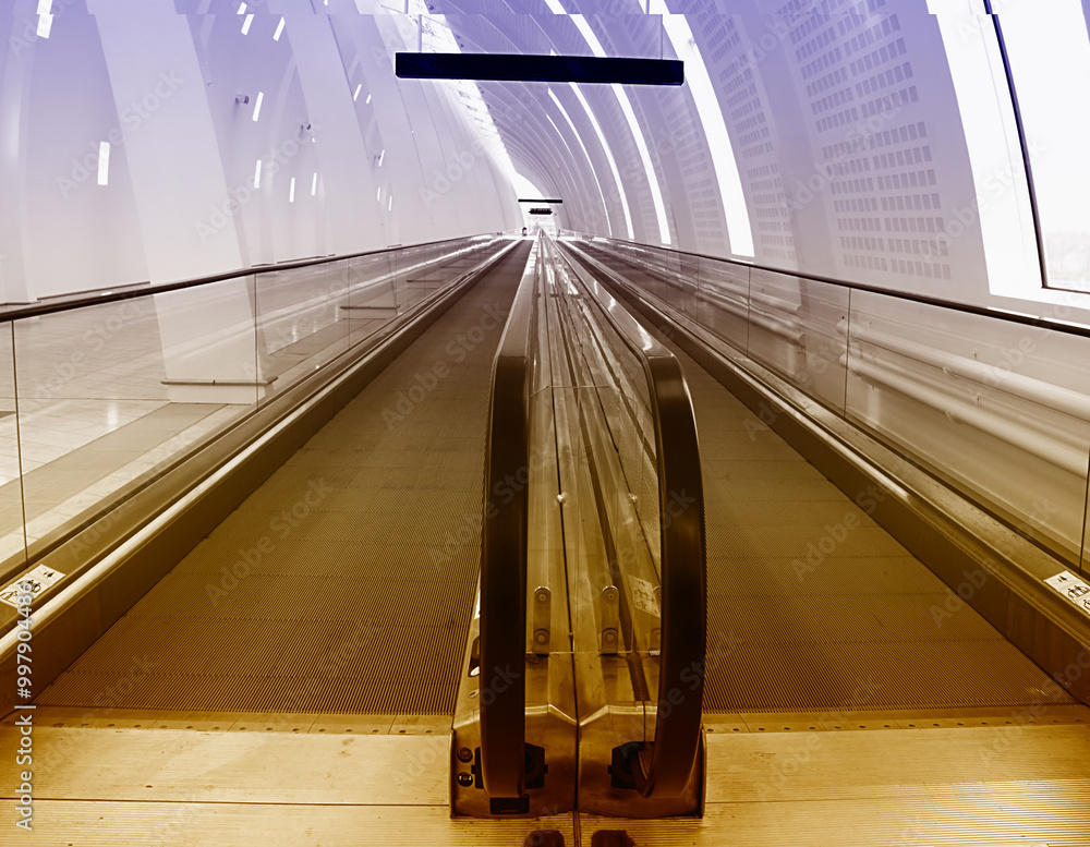 Airport terminal, hall and architecture of building, escalator and ...
