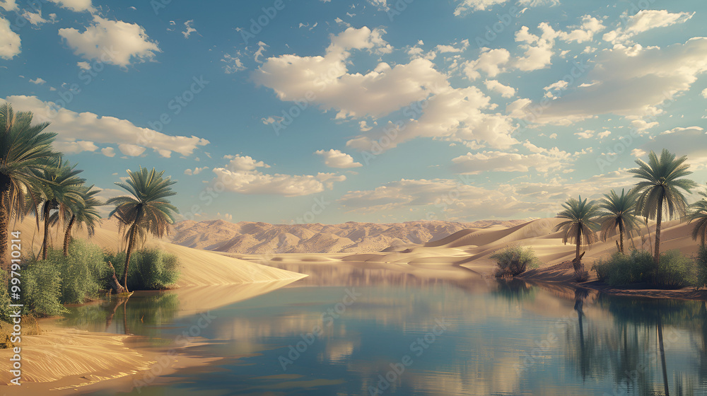 A tranquil desert oasis surrounded by towering sand dunes, Incredible ...