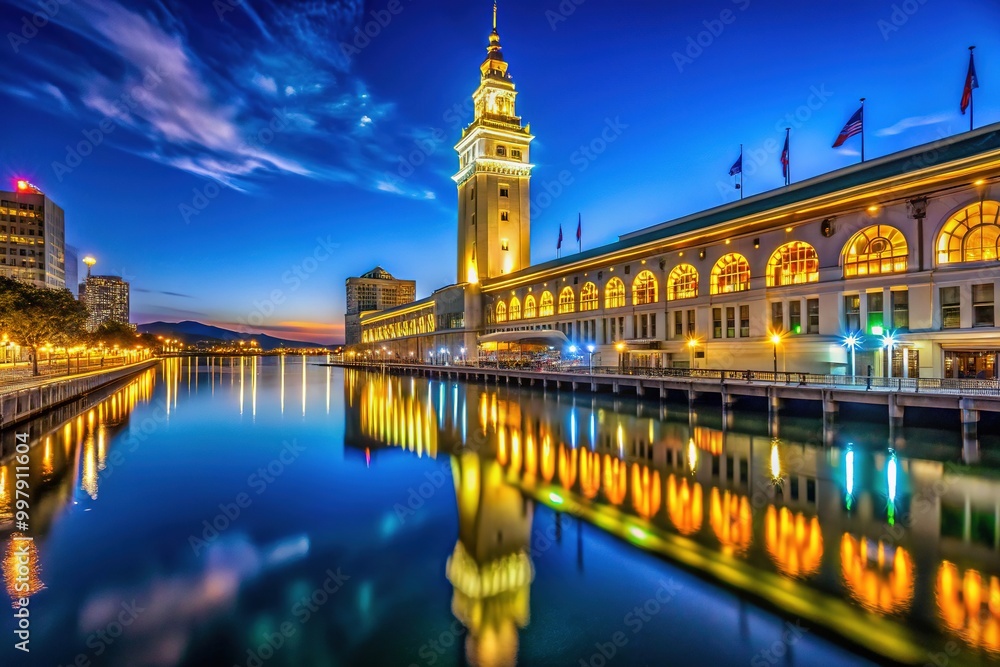 Illuminated Ferry Building at Night with Stunning Lights Reflecting on ...