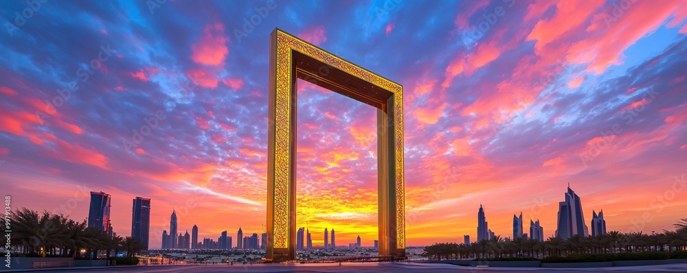 ภาพประกอบสต็อก Dubai Frame at Sunset – A modern scene of the Dubai ...