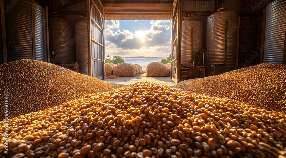 A Large Pile of Grain in the Storage Room with an Open Door ...