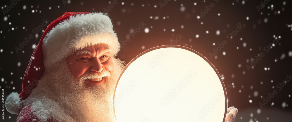 Santa with a glowing ring of light in his hands and snow falling around ...