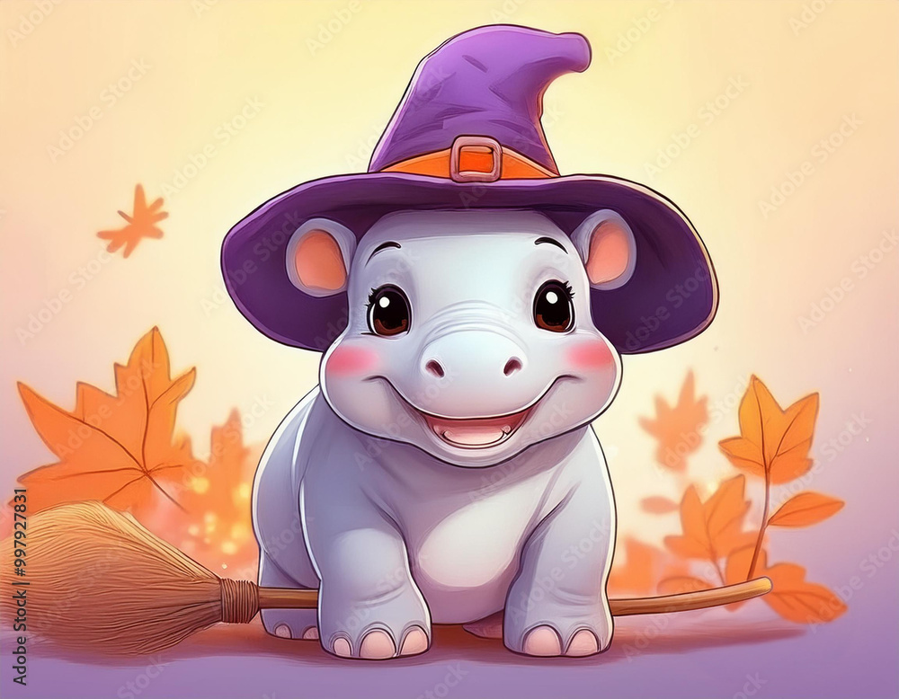 moodang baby pygmy hippo wearing witch hat and sitting with broom in ...