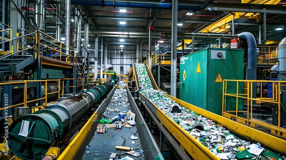 Modern waste recycling facility with conveyor belts processing various materials for sustainable ...