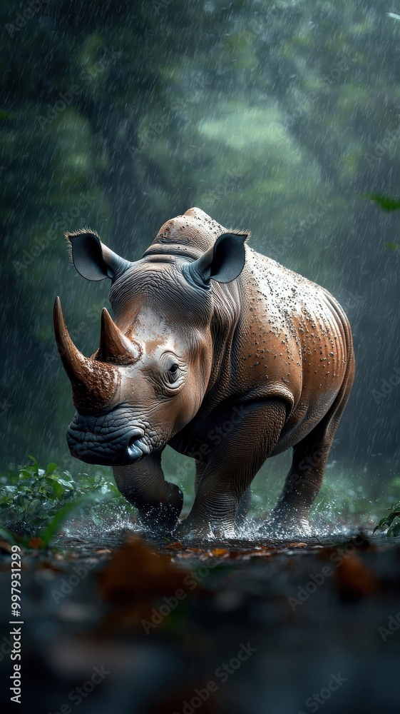 Rhinoceros navigating through a rain-drenched savanna, with raindrops ...