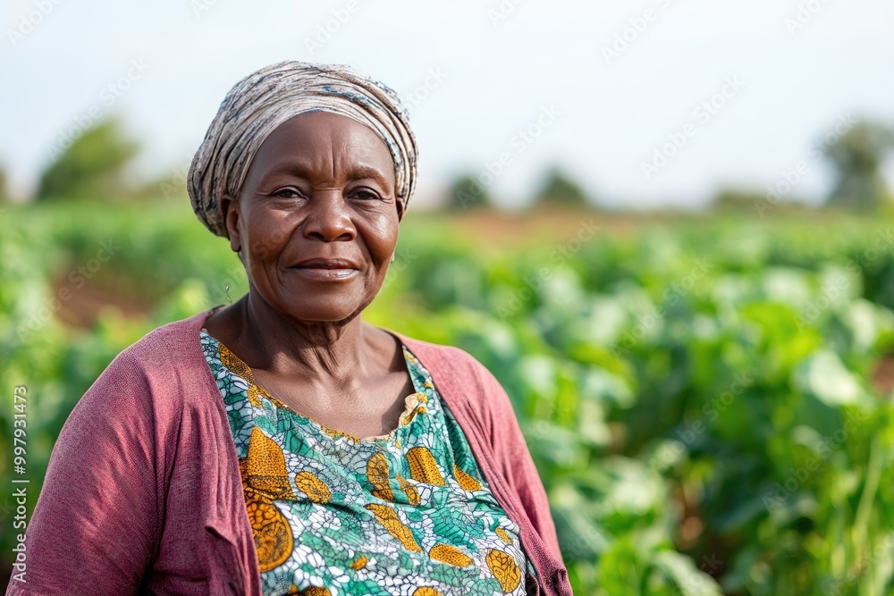 Smiling African woman in a field. This photo can represent agriculture ...