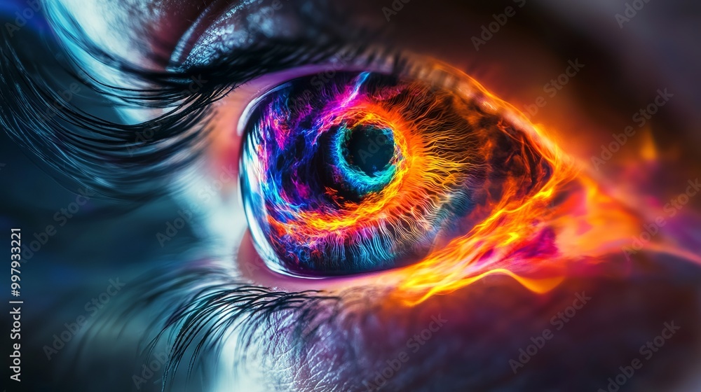 Vivid eye with a colorful vortex in the iris. This image represents ...