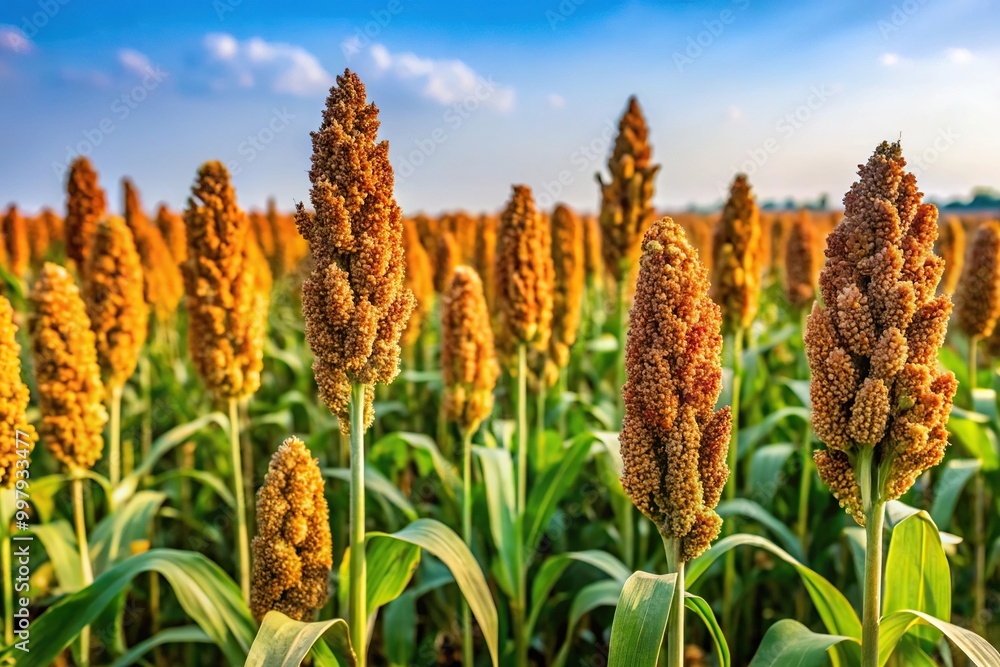Fields of mature jowar sorghum crops ready for harvest on a tilted ...