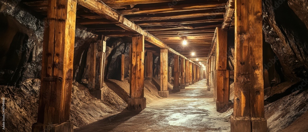 Gold mine interior showcasing wooden supports balancing the weight of ...
