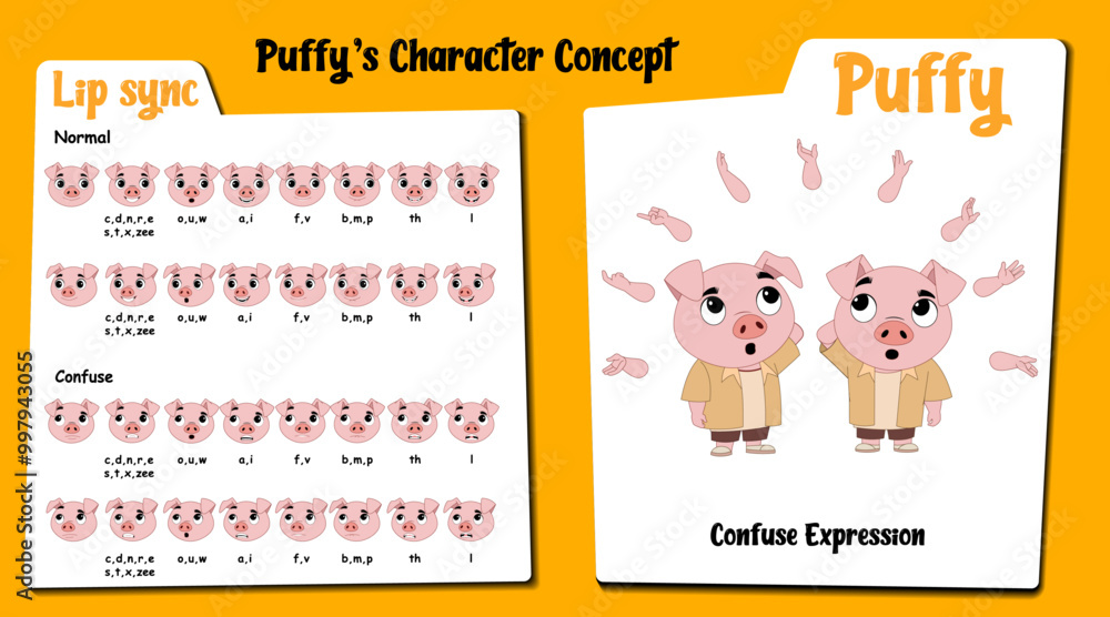 A confused pig cartoon character AKA Puffy. Little piggy cartoon vector ...