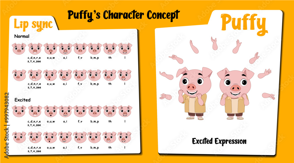 An excited pig cartoon character AKA Puffy. Little piggy cartoon vector ...