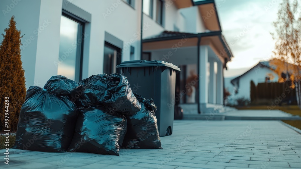 Many garbage bags and full waste bin at clean modern house, waste ...
