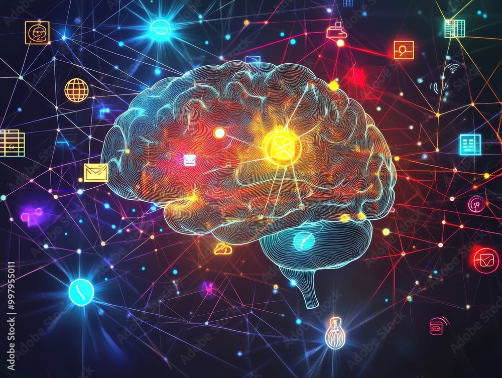 2408 72.A vibrant vector design featuring a digital brain connected to ...