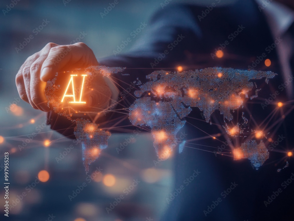2408 76.A business leader points to an illuminated AI letter icon overlaying a world map. The ...